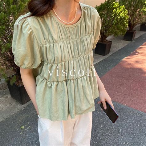 비스콧 린넨 셔링 밴딩 퍼프 소매 블라우스 297