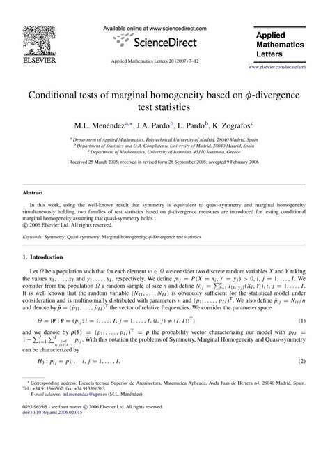 Pdf Conditional Tests Of Marginal Homogeneity Based On Divergence