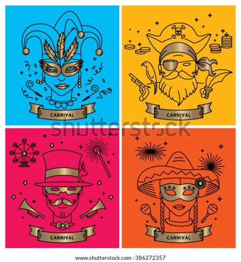Set Carnival Characters Masks Costumes Line Stock Vector Royalty Free