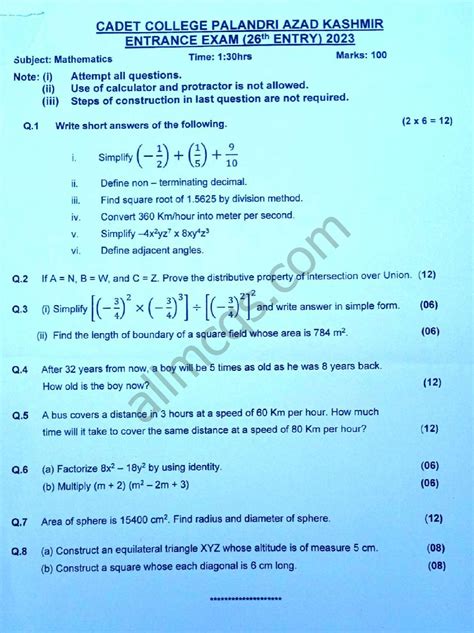 Cadet College Palandri 8th Class Entry Test Past Papers Pdf