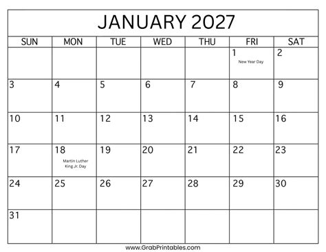 Free Printable January 2027 Calendar Print A Calendar 2027
