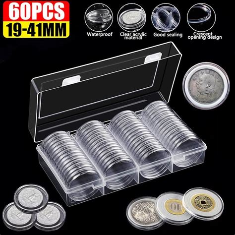 Oznala 60pcs 41mm Plastic Clear Coin Capsules Holder Container Case