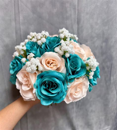 Teal Blush Rose Wedding Bouquet Silk Bridal Flowers Etsy