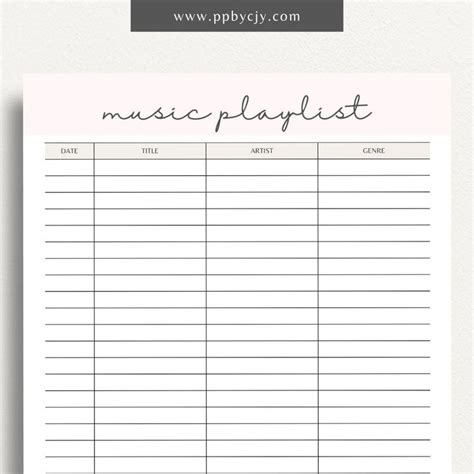 Music Playlist Collection Tracker Printable Log For Your Playlists