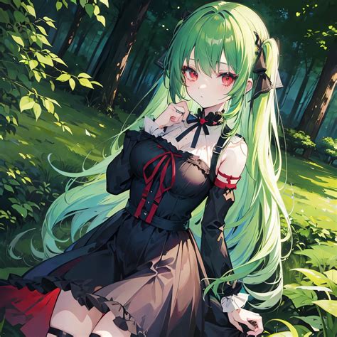 Anime Girl With Long Green Hair And A Black Dress In A Forest Seaart Ai