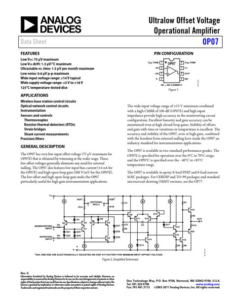 Op07 Ultralow Offset Voltage Operational Amplifier Analog Devices Op07 Ultralow Offset Voltage Operational Amplifier Analog Devices