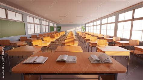 Short Of Books Stacked On Table Class Room Rendering Of Education