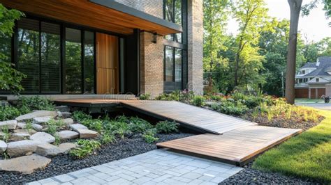 Modern House Exterior With Wooden Ramps And Lush Garden Landscaping