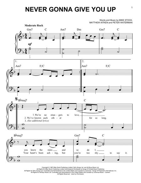 Never Gonna Give You Up By Rick Astley Easy Piano Digital Sheet