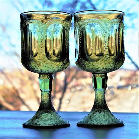 Green Wine Goblets 2 Vintage Glass Goblets Fostoria Glass Woodland