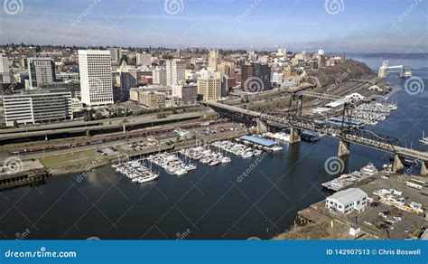 Aerial View Over Downtown Tacoma Washington Waterfront Commencement Bay