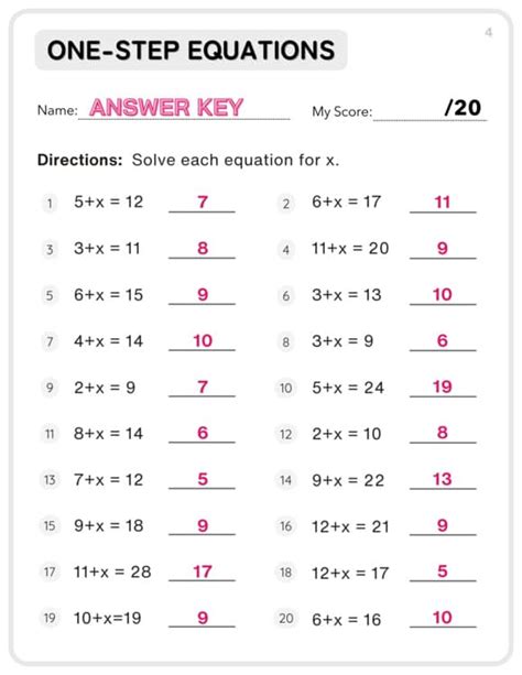 One Step Equations Worksheets Solve For X Algebra Basics 5th7th