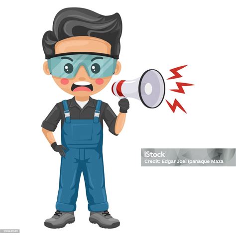유지 보수 기술자는 확성기로 안내 방송을하는 것에 짜증이 났습니다 유지 보수 작업 산업 및 가정 환경에서의 수리에 중점을 둔 개인 보호 장비를 갖춘 핸디맨 Diy에 대한