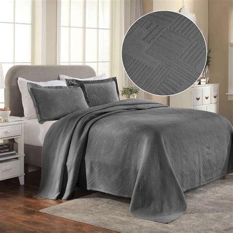 Superior Geometric Fret Cotton Decorative Bedspread And Sham Set Queen Charcoal
