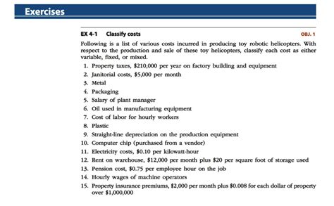 Solved Exercises Ex 4 1 Classify Costs Obj 1 Following Is A