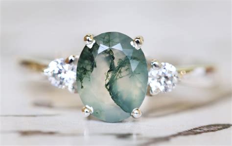 Natural Oval Moss Agate With Moissanite Engagement Ring Etsy