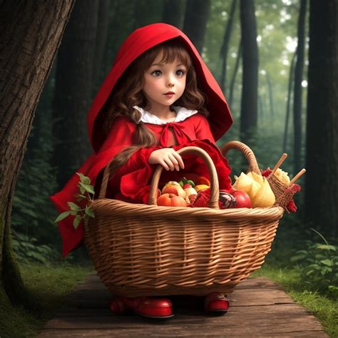 Premium Photo Little Red Riding Hood With Wooden Basket With Goodies
