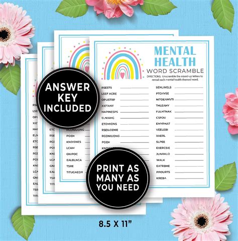 Printable Mental Health Word Scramble Game For Teens Adults Seniors