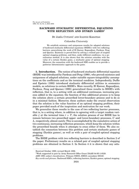 Pdf Backward Stochastic Differential Equations With Reflection And