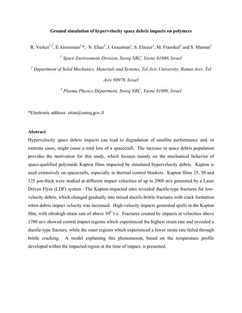 Pdf Ground Simulation Of Hypervelocity Space Debris Impacts On Polymers