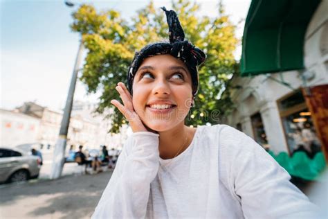 Young Girl Smiling And Taking Selfie On Camera Stock Image Image Of Smartphone Camera 284290695