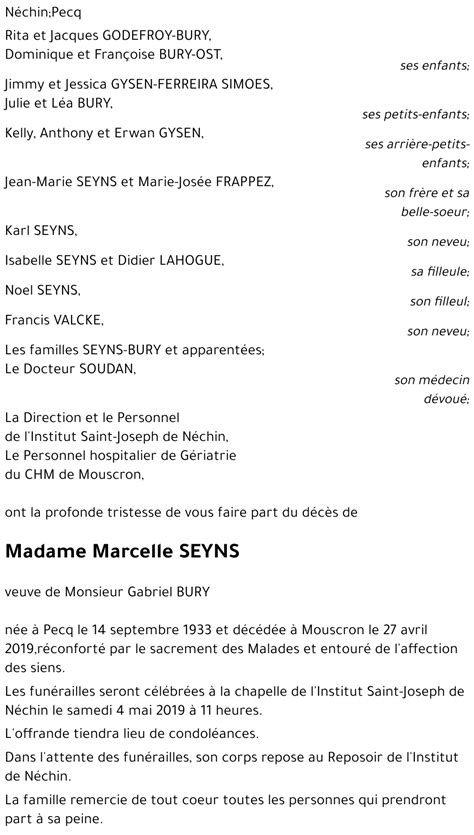 Avis De Décès De Marcelle Seyns Décédé Le 27 04 2019 à Mouscron Annonce Condoléances Fleurs