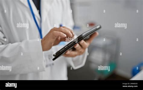 Handsome Middle Aged Scientist Manly Diving Into Tech Using Touchpad