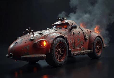 Rusty Model Car With Smoke And Flames Showcasing Creativity And Detail