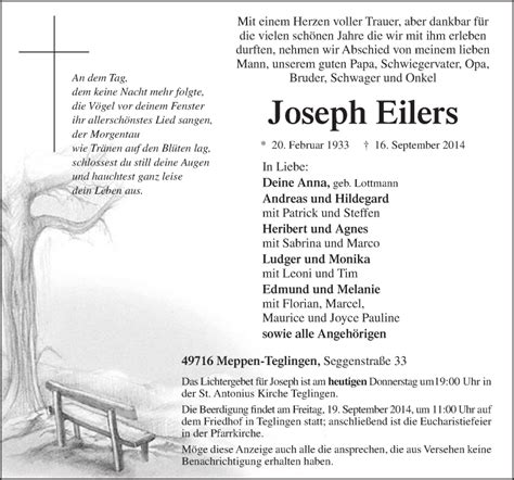 Traueranzeigen Von Joseph Eilers Noz Trauerportal