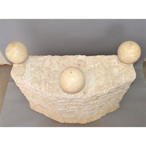 1980s Maitland Smith Style Hand Carved Mactan Stone Console Tessellated Orbs Plexiglass Top