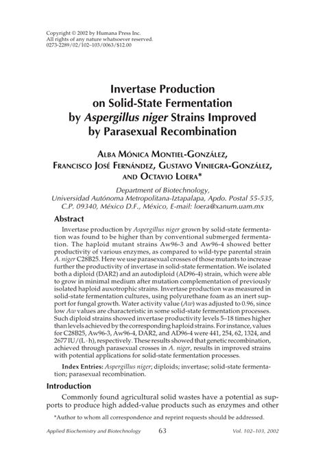 Pdf Invertase Production On Solid State Fermentation By Aspergillus Niger Strains Improved By