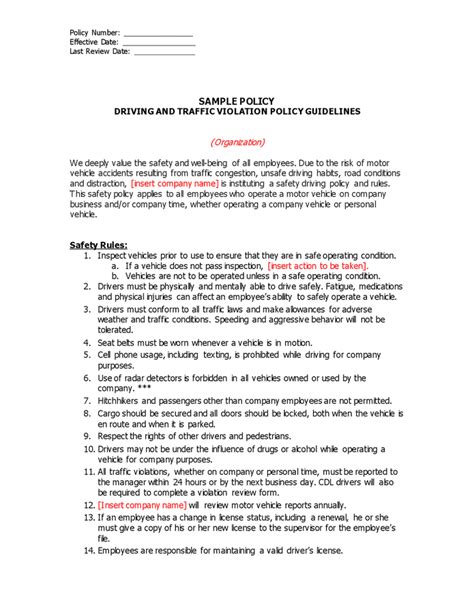 Sample Driving And Traffic Violation Policy Guidelines In Word And Pdf Formats