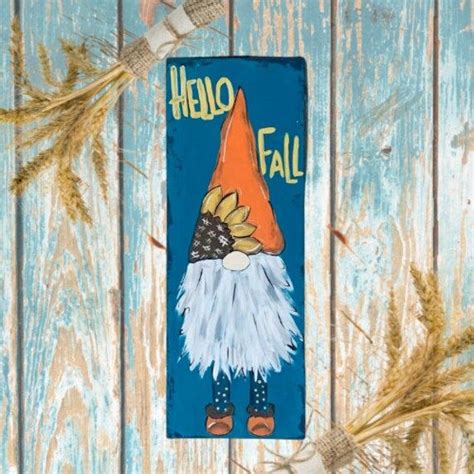 Hello Fall Autumn Porch Decor Hand Painted Gnome Sign Fall Decoration