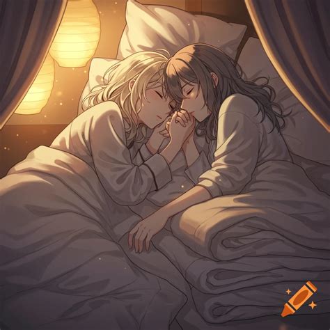 Two Anime Women Sleeping Peacefully In A Cozy Bed Holding Hands Warm