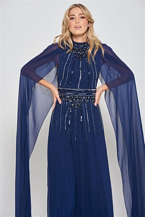 Kaya Navy Embellished Cape Sleeve Maxi Dress Frock And Frill