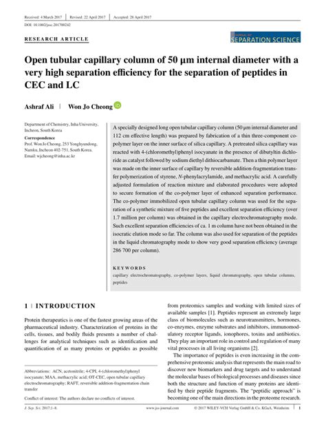 Pdf Open Tubular Capillary Column Of 50 μm Internal Diameter With A