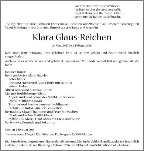 Klara Glaus Reichen Hommages