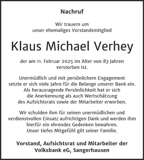 Traueranzeigen Von Klaus Michael Verhey Abschied Nehmende