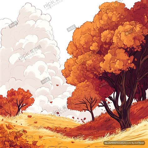 Ai创作图秋天 枫林 树木 草地 白云 落叶 自然 美景 色调 季节 风景 插画 色彩 光影 氛围 昵图网