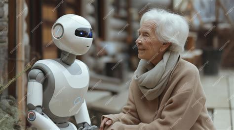 Elderly Woman Talking To Modern White Robotic House Helper Premium Ai