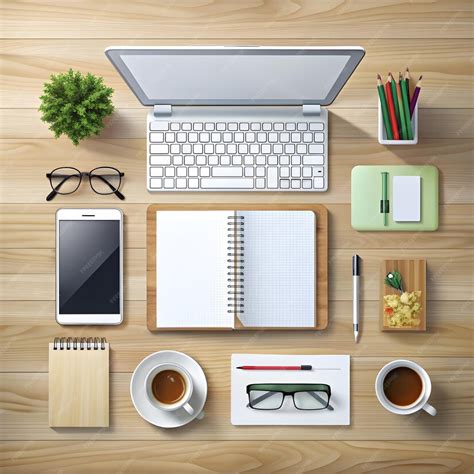 Realistic Top Down View Of Office Desk Stationery Premium Ai