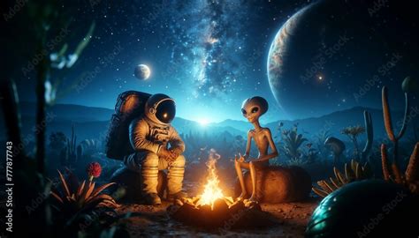 Astronaut And Alien Sharing Stories By Campfire On Exotic Planet