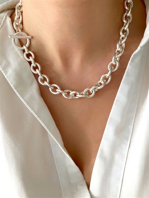 Antique Silver Large Heavy Necklace Chunky Chain Curb Necklace Silver
