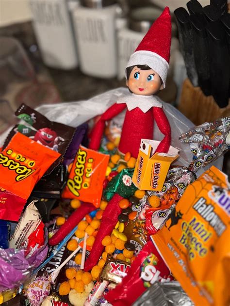 Elfette Got Into The Halloween Candy Again Halloween Candy Elf On The Shelf Halloween
