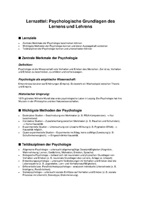 Lernzettel Psychologische Grundlagen Des Lernens Und Lehrens V1 Studocu