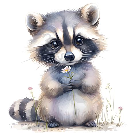 Cute Raccoon With Flower Clip Art 15 High Res Watercolor Cliipart S