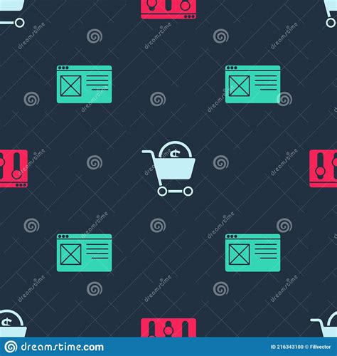 Set Browser Setting Shopping Cart And Dollar And Window On Seamless Pattern Vector Stock