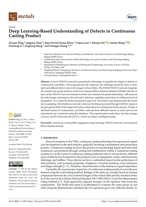 Pdf Deep Learning Based Understanding Of Defects In Continuous Casting Product