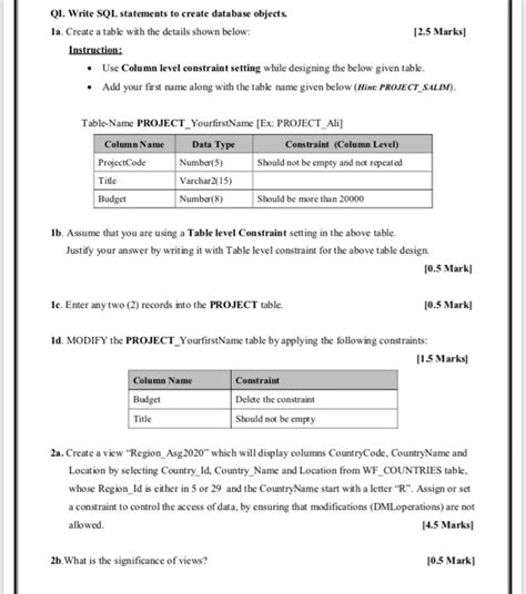 Solved Qi Write Sql Statements To Create Database Objects