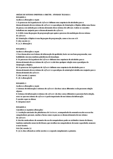 Análise De Sistemas Orientada A Objetos Atividade Teleaula I AnÁlise De Sistemas Orientada A